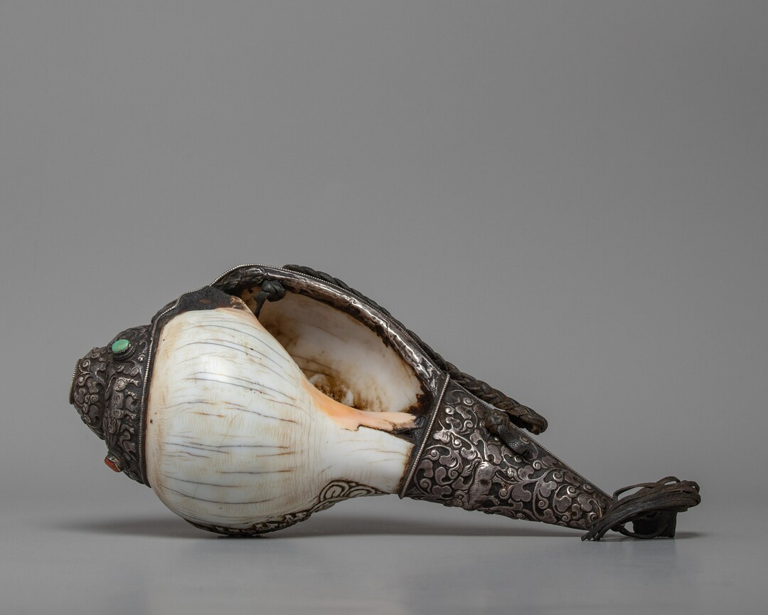 Vintage Silver Plate Covered Conch Shell With the Image of Guru Dragpo ...