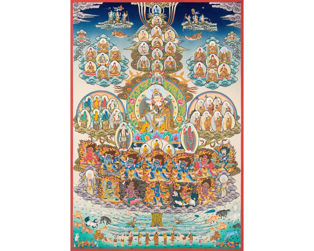Guru Rinpoche Refuge Tree Thangka Painting With Buddhas, Dharmapalas ...