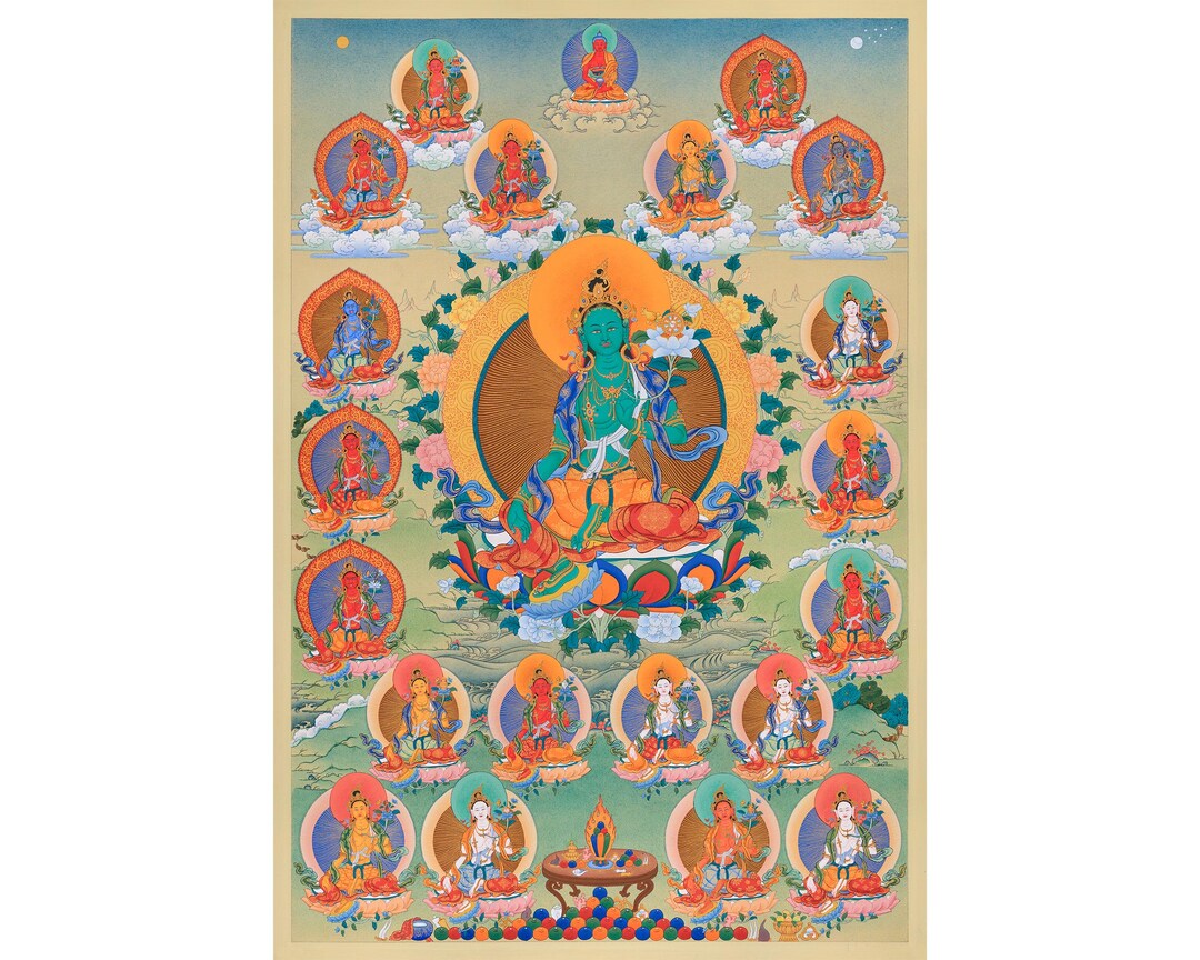 Exceptionally Detailed 21 Tara Thangka in Authentic Stone Colors ...