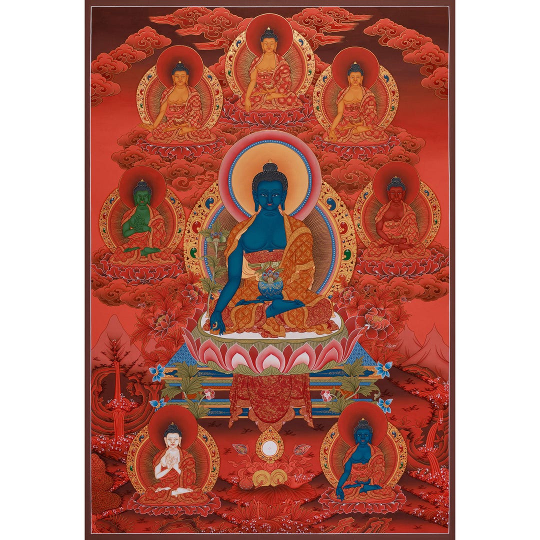 Handcrafted Healing Buddha With Five Dhyani Buddhas Thangka | 24K Gold ...