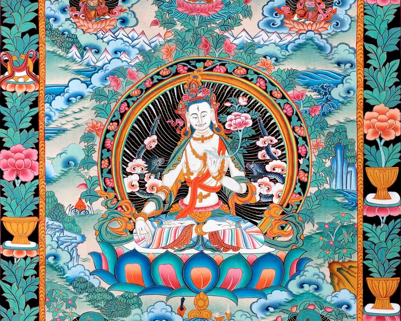 Vintage White Tara Thangka Art | Original Hand Painted Tibetan Buddhist ...