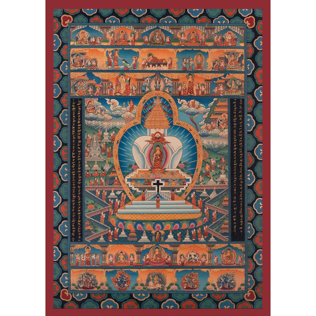 Vintage Buddhist Stupa Thangka Painting | Hand-painted Buddha's Life ...
