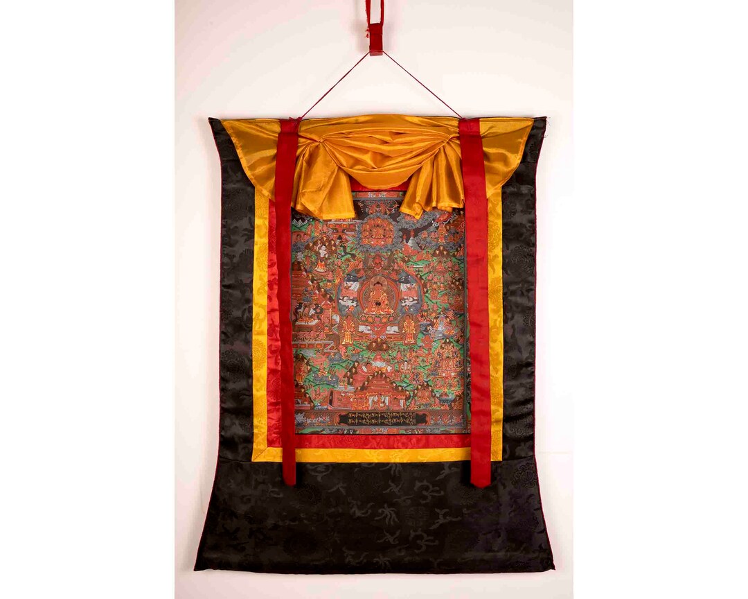 Hand-painted Buddha Life Story Thangka With Brocade Frame Tibetan ...