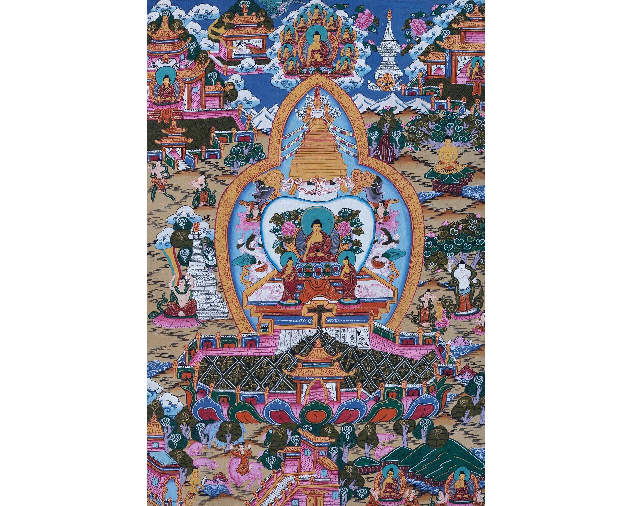 Buddhist Stupa Thangka Painting With Buddha in Lotus Flanked by ...
