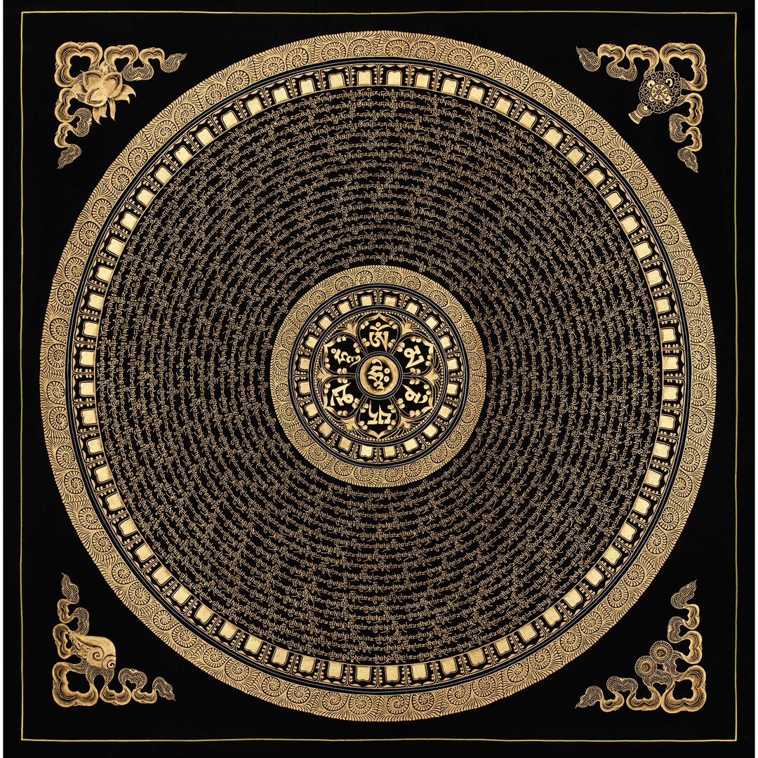 Traditional Black and Gold Mantra Mandala | Tibetan Sacred Artwork ...