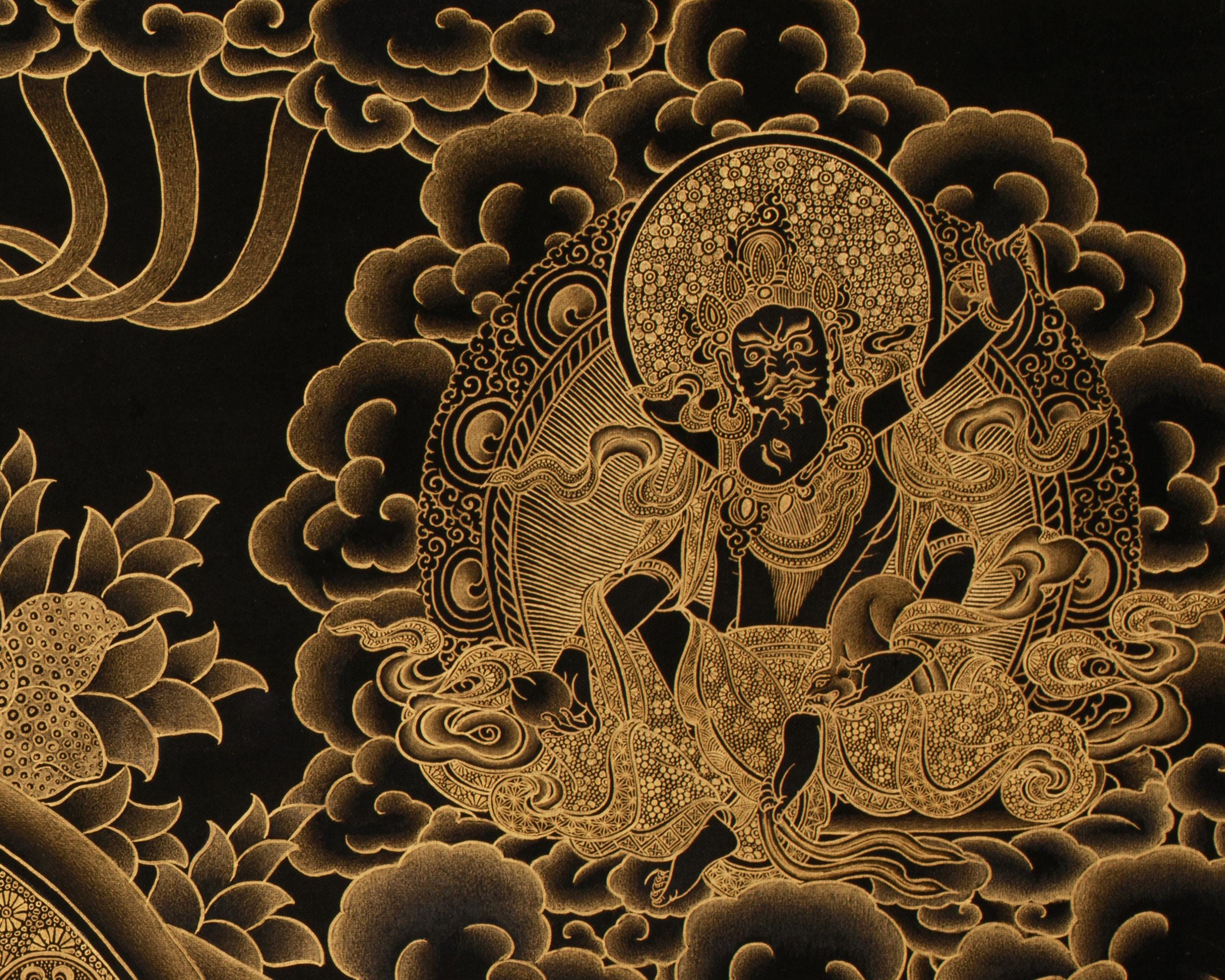 Gold on Black Five Dzambhalas Thangka | Hand-painted Tibetan Wealth ...