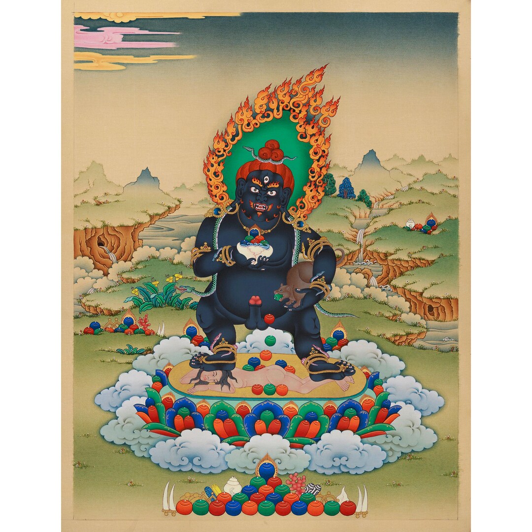 Traditional Black Dzambhala Canvas Print | Tibetan Thangka of Wealth ...