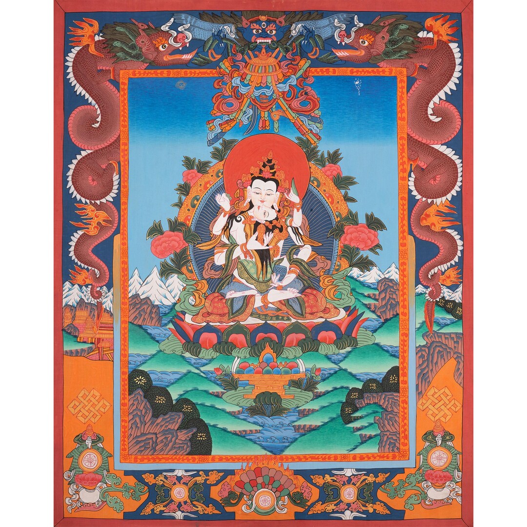 Dragon Border Vajrasattva Shakti Thangka | Tibetan Dorje Sempa Yab Yum ...