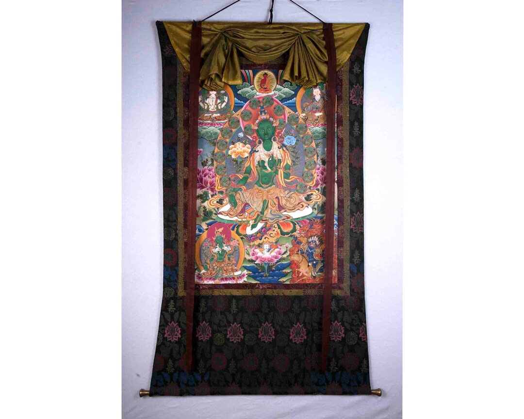 Big Size Vintage Green Tara Thangka Mounted With Old Hand Woven Khadi ...