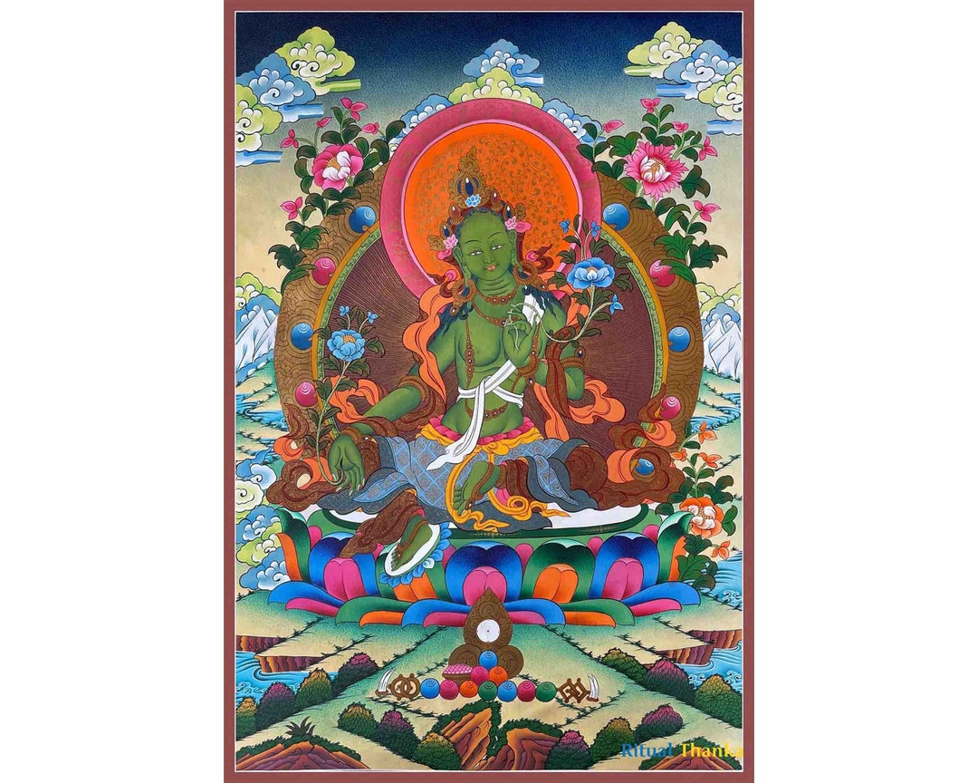 Handmade Tibetan Green Tara Thangka | Art Painting for Meditation and ...