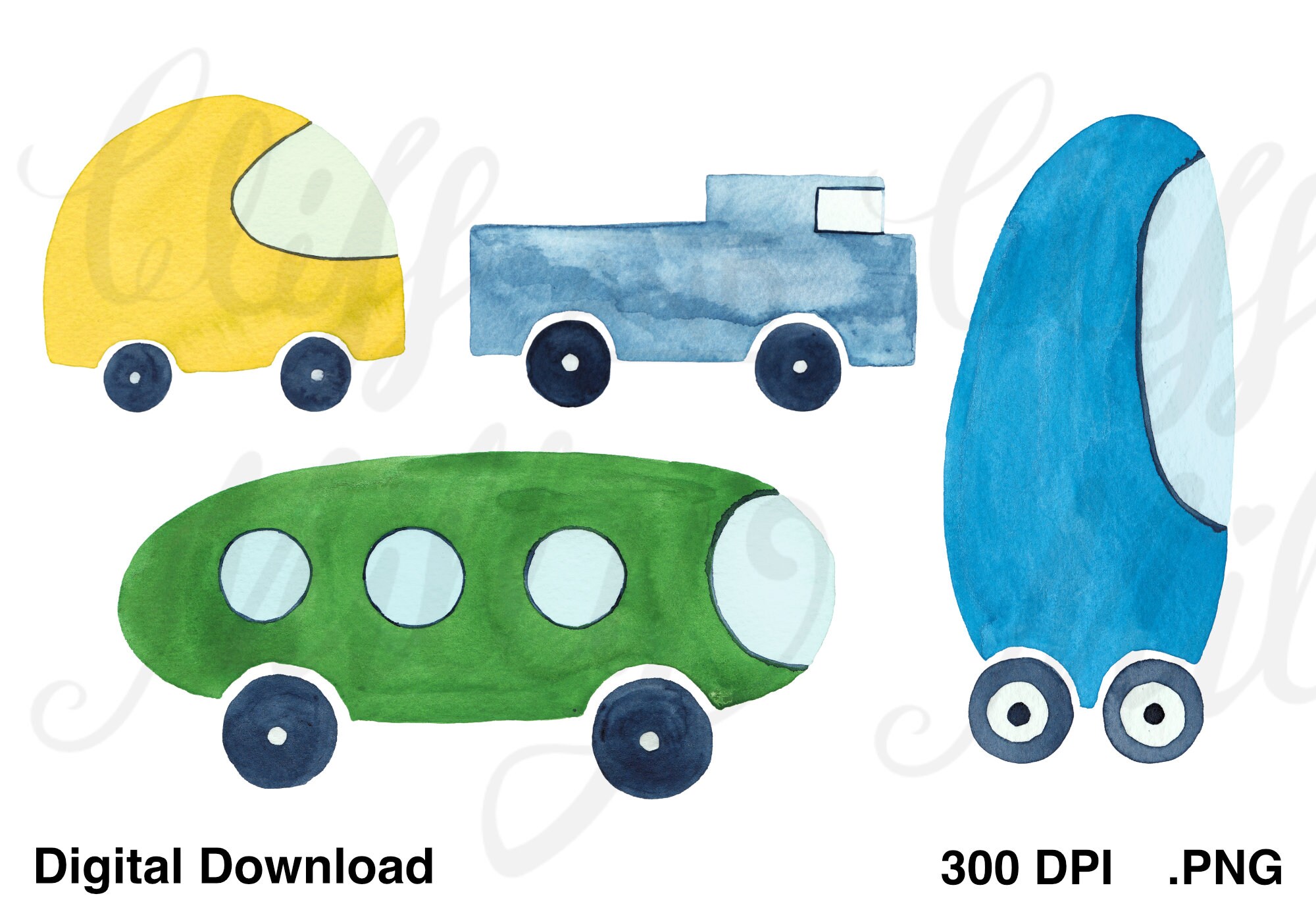 Cars Trucks Bus Watercolor Clipart - Instant Download - Scrapbooking ...