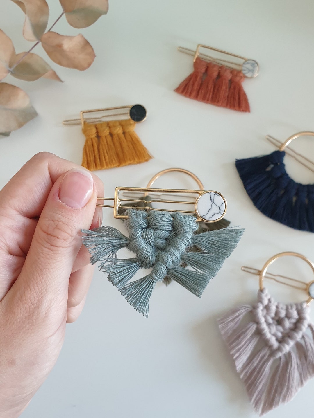 Macrame Hair Clip Square Gold With Marble Look Stone - Etsy