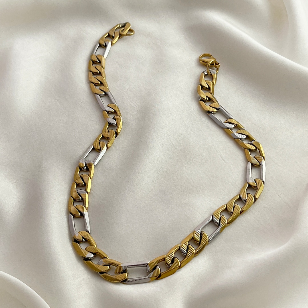 Two Tone Figaro Chain Necklace, Chunky Gold Silver Stainless Steel - Etsy