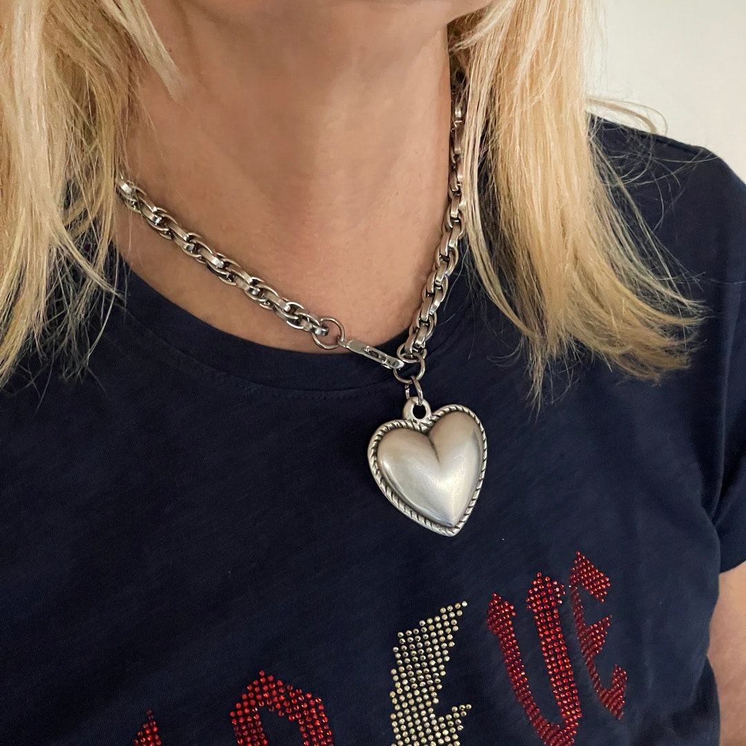 Chunky Heart Necklace, Silver Chain Choker, Oversized Large Heart ...