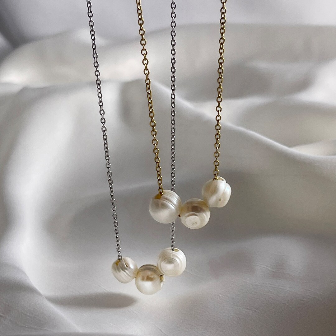 Three Pearl Necklace in Silver & Gold, Dainty Pearl Choker, Baroque ...