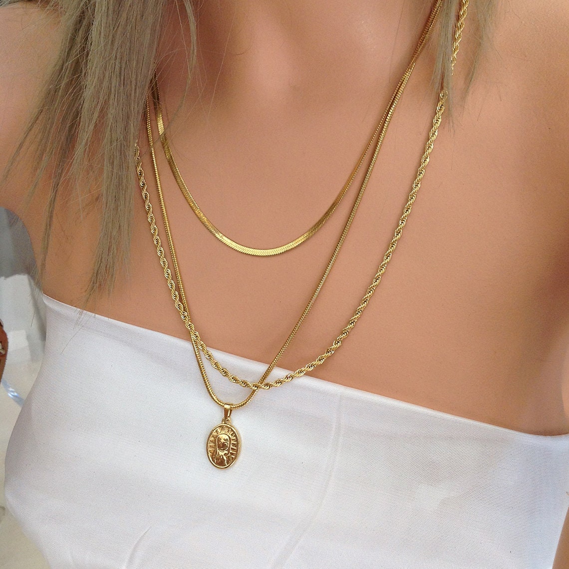 Layered Gold Chain Necklace Set Herringbone Chain Skinny - Etsy