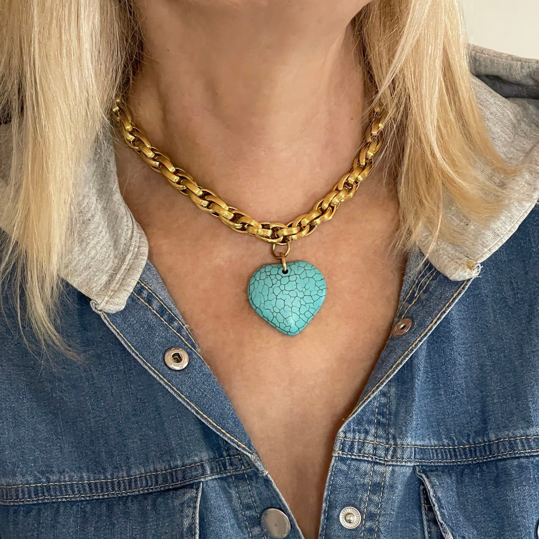 Turquoise Heart Necklace, Large Heart Pendant Necklace, Gold Chain ...