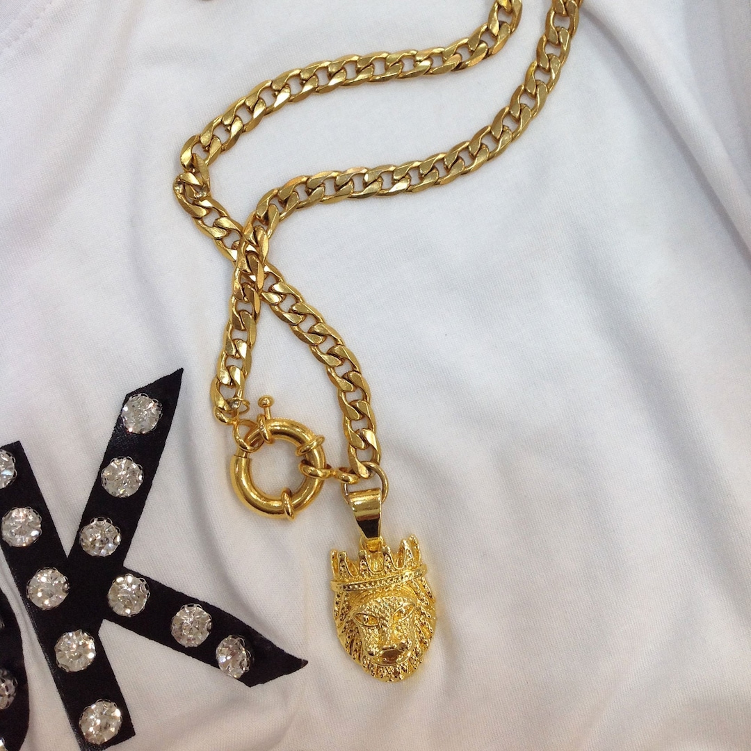 King Crown Necklace, Lion Head Pendant, Gold Chunky Chain Necklace ...