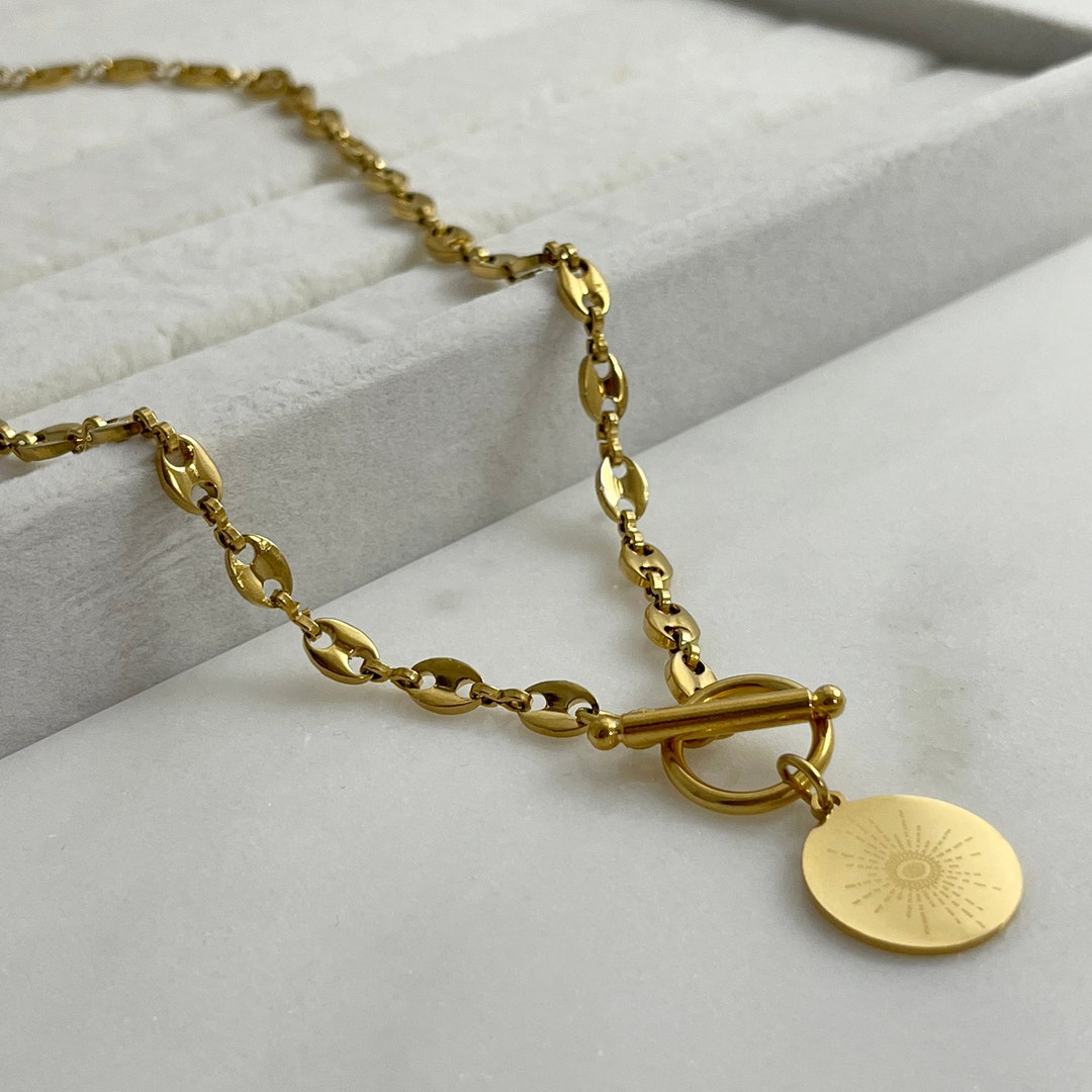 18K Gold Mariner Chain Sun Pendant Necklace, WATERPROOF, Toggle ...