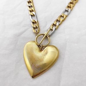 Gold Large Heart Necklace for Women, Puffy Heart Pendant, Chunky Figaro ...