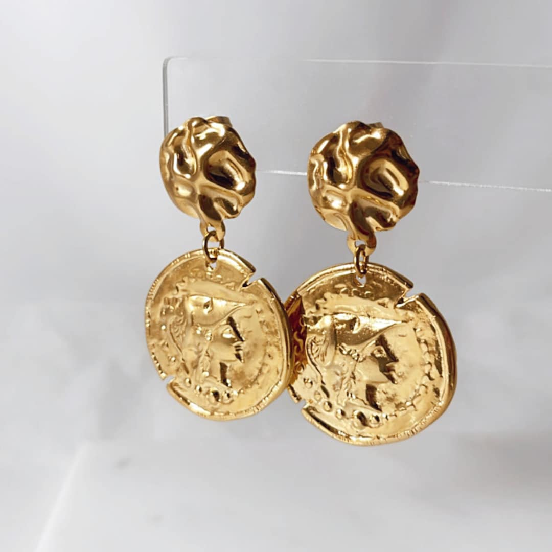 Athena Gold Coin Earrings, Ancient Style Greek Earrings, Goddess Dangle ...