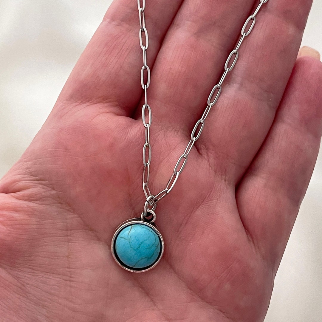 Men's Turquoise Pendant Necklace, Silver Paperclip Chain Necklace, Boho ...