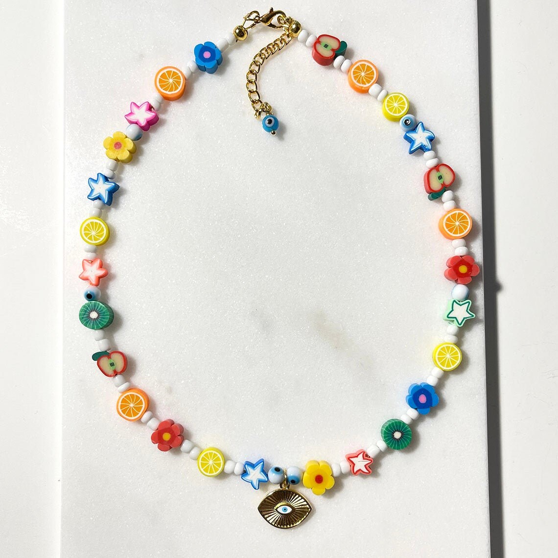 Colorful Beaded Summer Necklace With Gold Eye Happy Necklace - Etsy