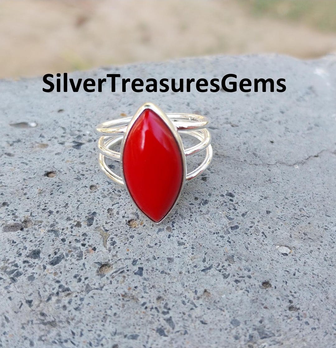 Natural Red Coral Gemstone Ring 925 Sterling Silver Handmade Coral ...