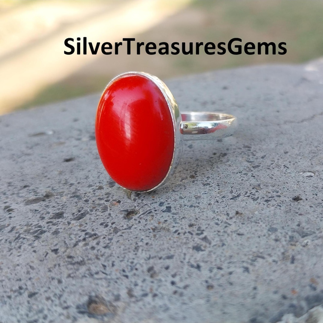Stunning Red Coral Gemstone Ring 925 Sterling Silver Handmade Coral ...
