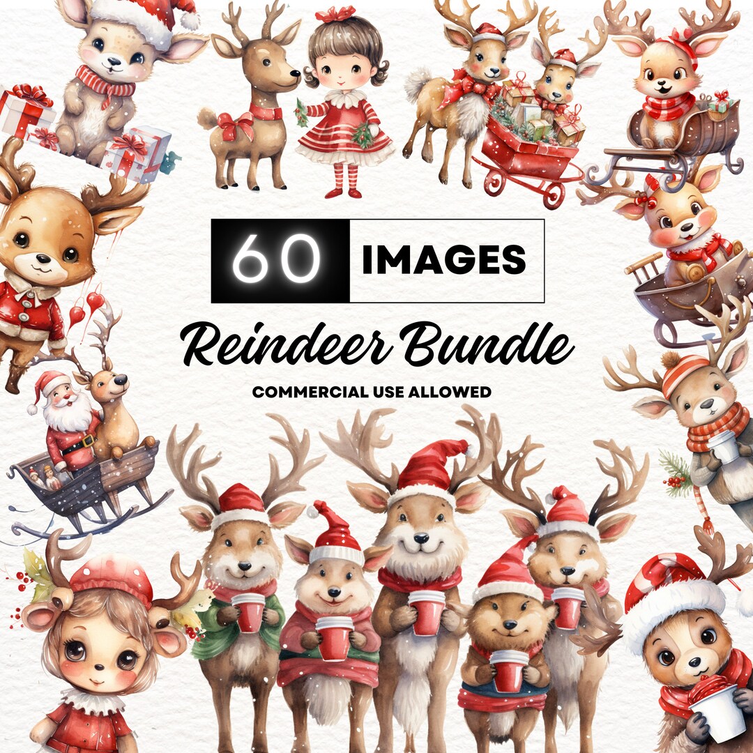 60 Cute Reindeer Clipart Bundle, Commercial Use, Watercolor, Mixed ...