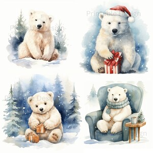 16 Christmas Polar Bear Watercolor Clipart Bundle, Transparent PNG ...