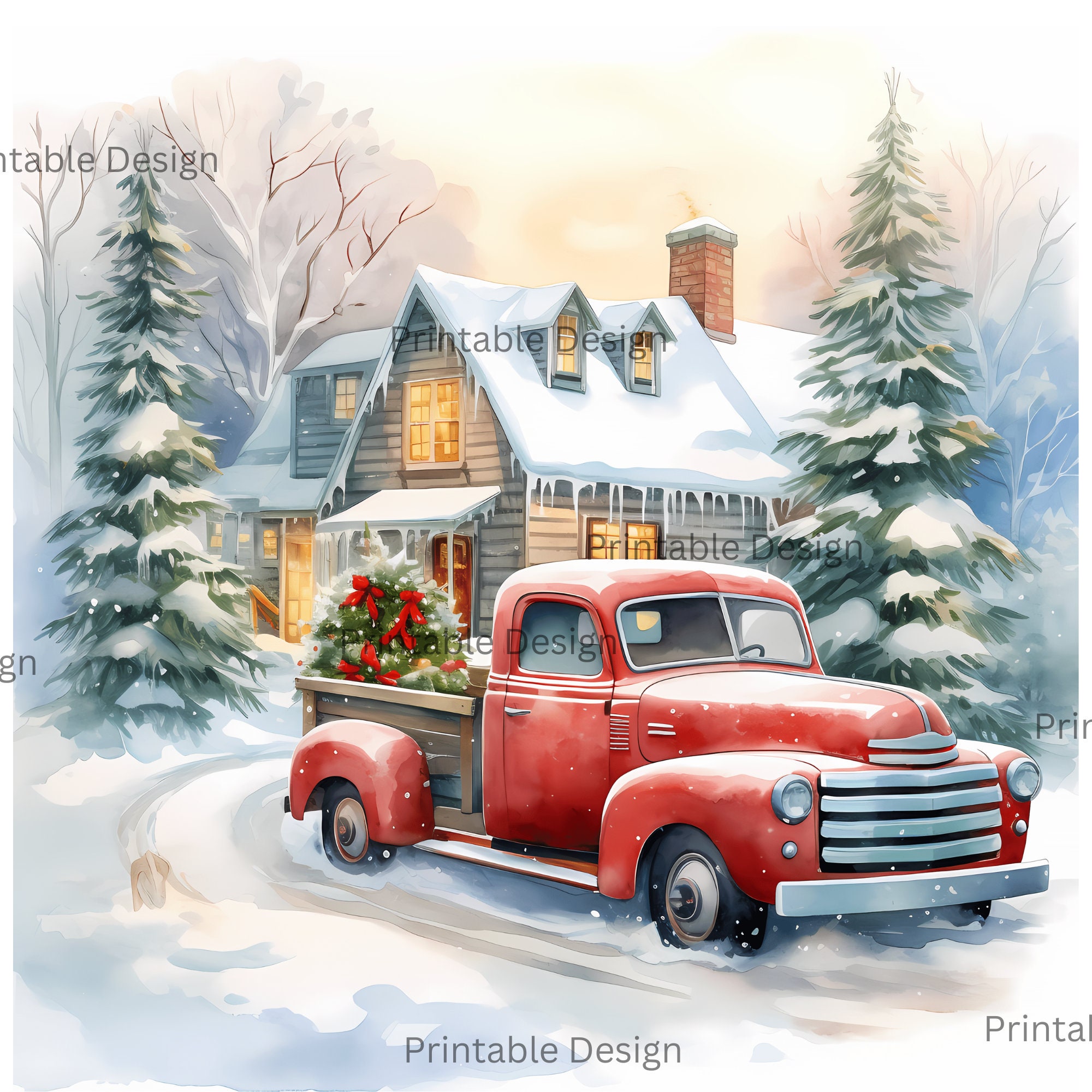 Christmas Truck 23 Jpgs High Quality, Watercolor Clipart Bundle, Red ...
