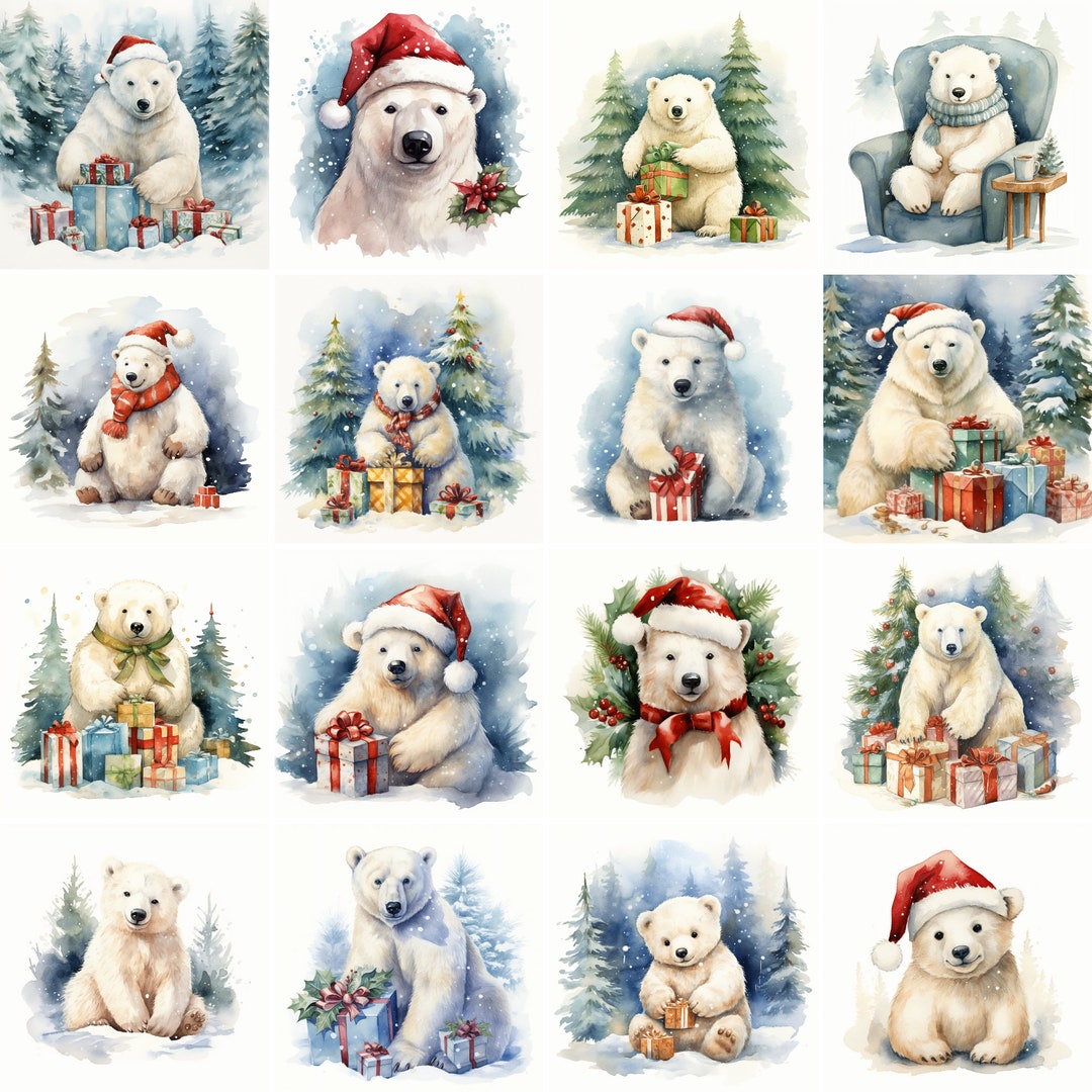 16 Christmas Polar Bear Watercolor Clipart Bundle, Transparent PNG ...