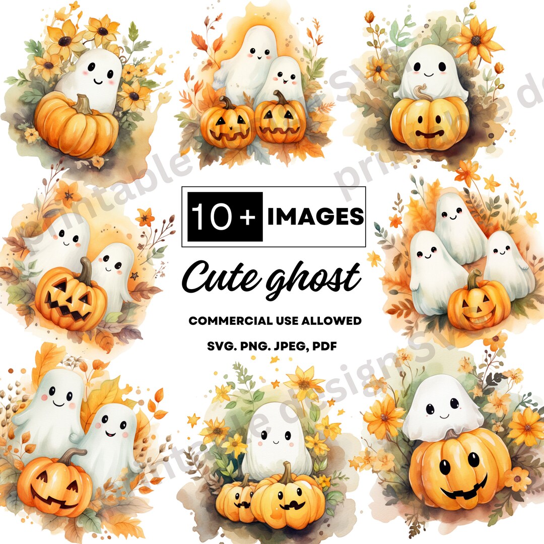 10 Spooky Halloween Ghost Clipart Bundle, Watercolor Clipart, Halloween ...