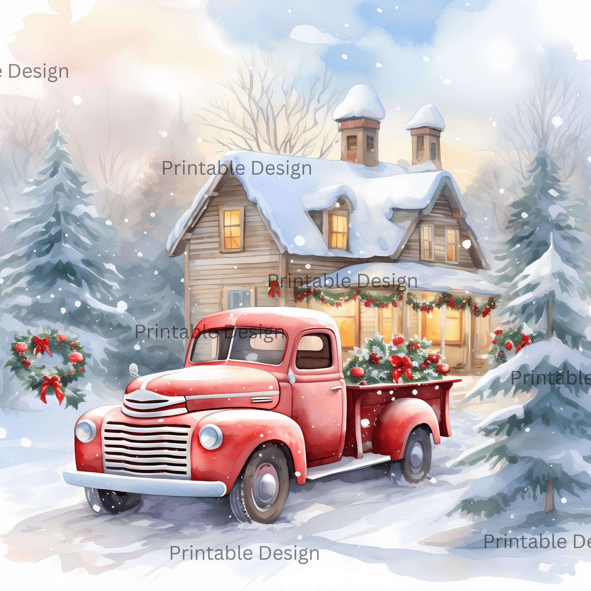 Christmas Truck 23 Jpgs High Quality, Watercolor Clipart Bundle, Red ...
