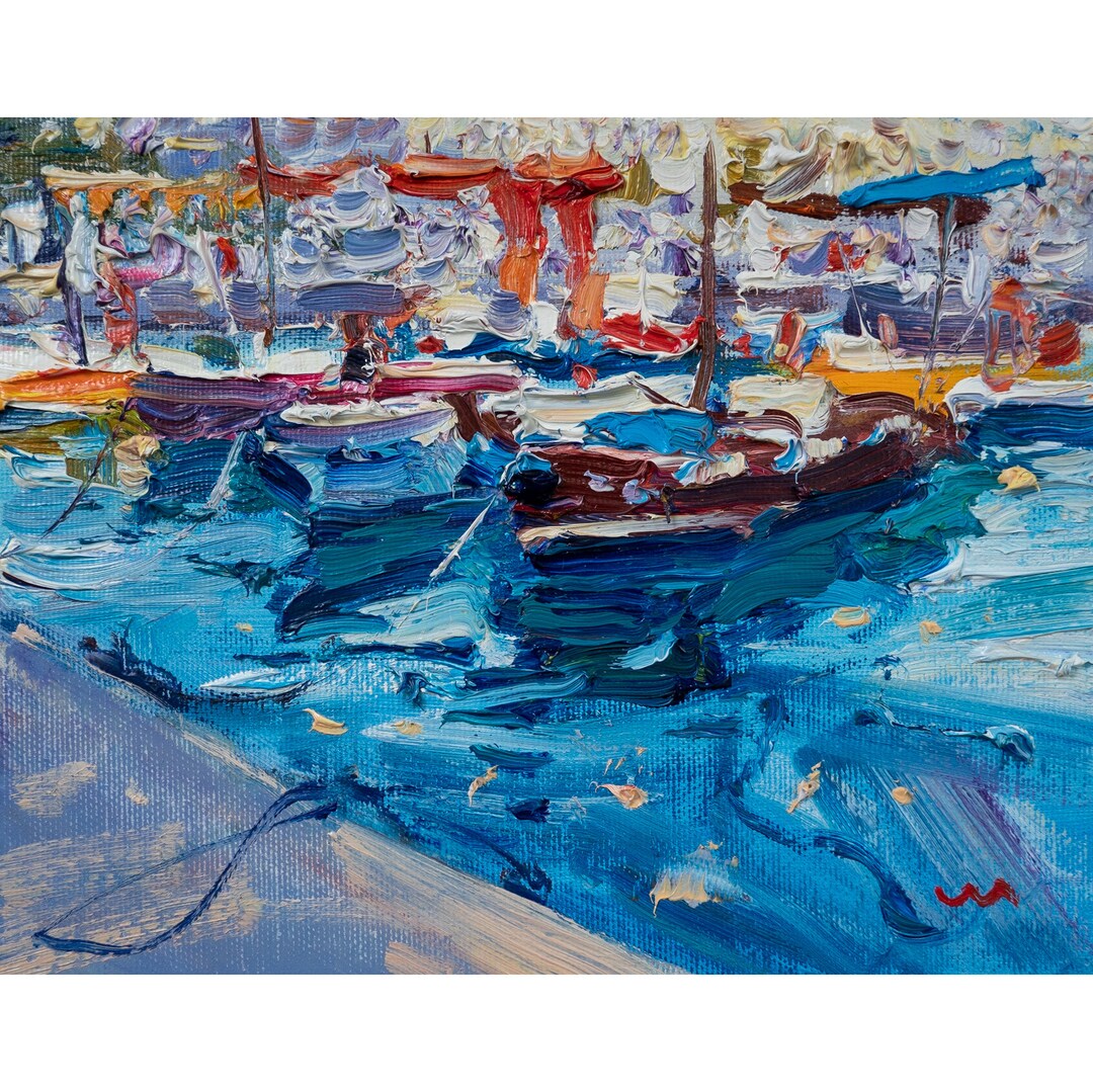 Small Boats Painting, Colorful Nautical Art, Mediterranean Harbor ...
