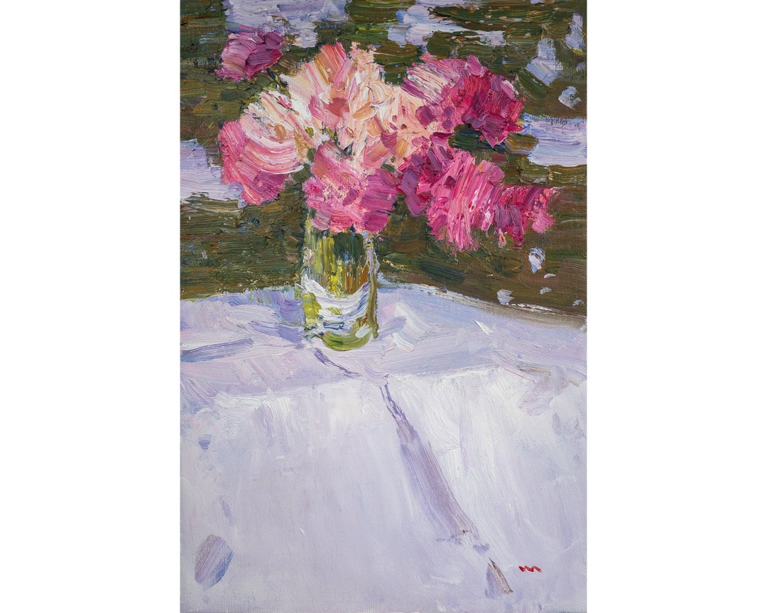 Peonies in a Glass Vase, Original Oil Painting, Pink Floral Still Life ...