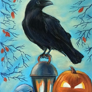 Halloween Art Raven Bird Original Painting Halloween - Etsy