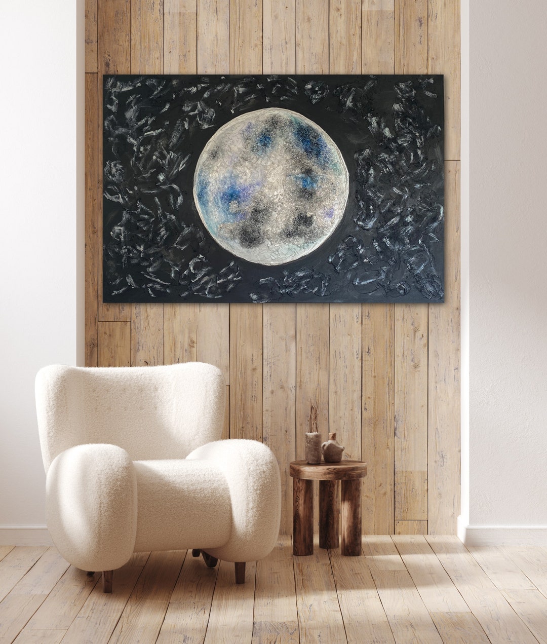 Full Moon Acrylic Painting Super Moon Wall Art Navy Moon - Etsy