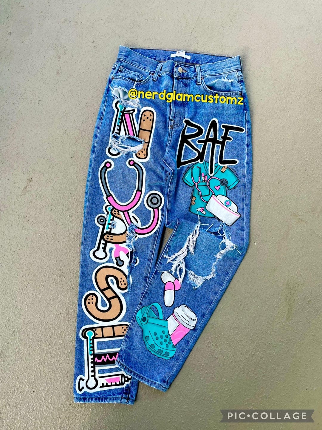 Custom Nurse Bae Jeans - Hand-painted Personalized CNA, RN, LPN Pants ...