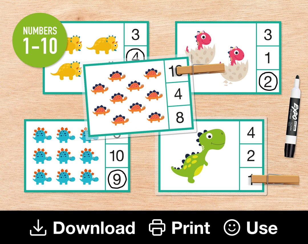 Dinosaur Preschool Counting Cards: Count From 1-10, Learning Numbers ...