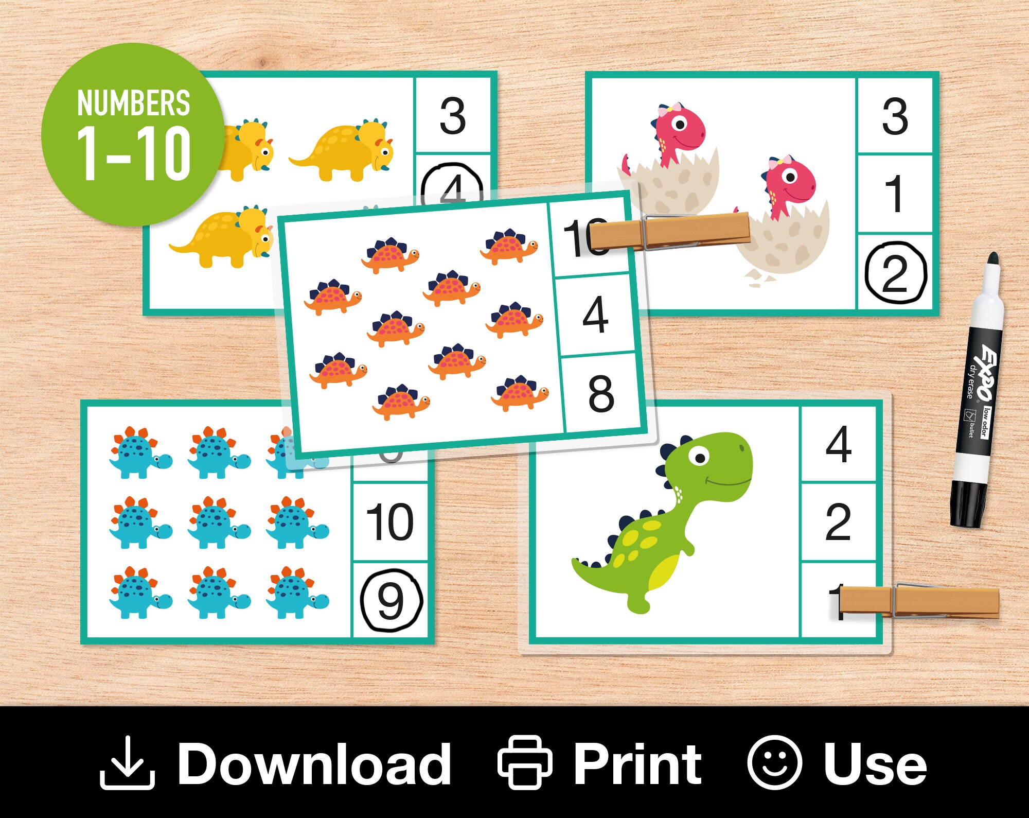 Dinosaur Preschool Counting Cards: Count From 1-10, Learning Numbers ...