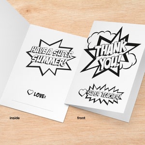 Thank You Super Teacher Coloring Card Printable DIY Superhero | Etsy