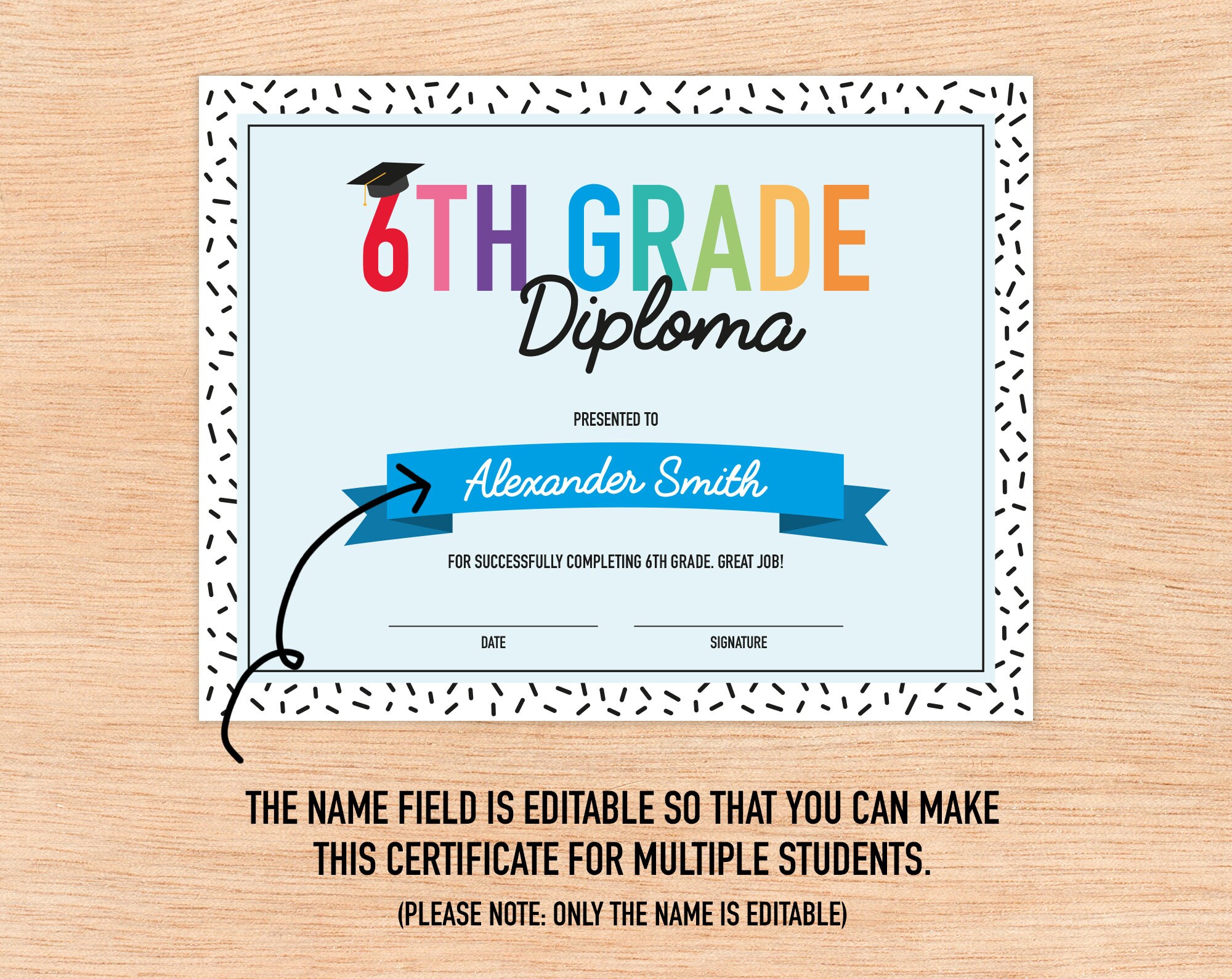Editable 6th Grade Diploma, Printable Certificate for Class, End of ...