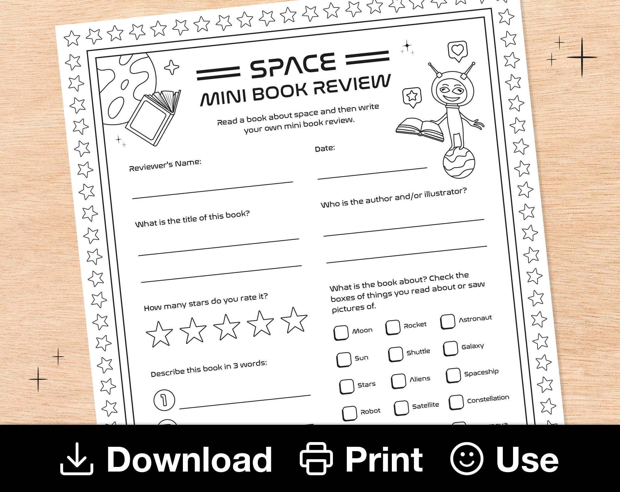 Mini Book Review Template & Creative Coloring Prompt for Space Themed ...