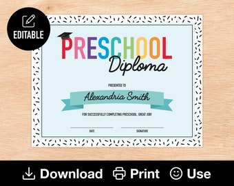 Editable A4 Preschool Diploma Pre-k Class Printable | Etsy