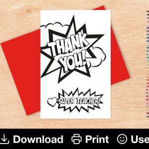 Thank You Super Teacher Coloring Card Printable DIY Superhero | Etsy