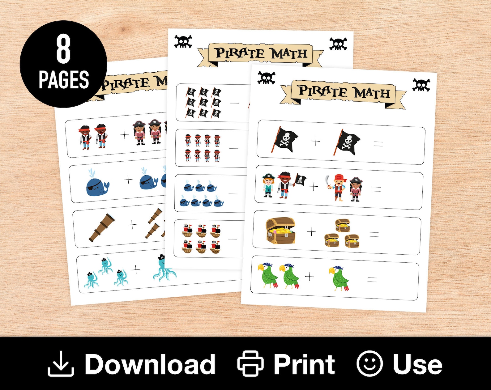 Pirate Themed Math Worksheets for Kindergarten or Preschool Kids, Basic ...