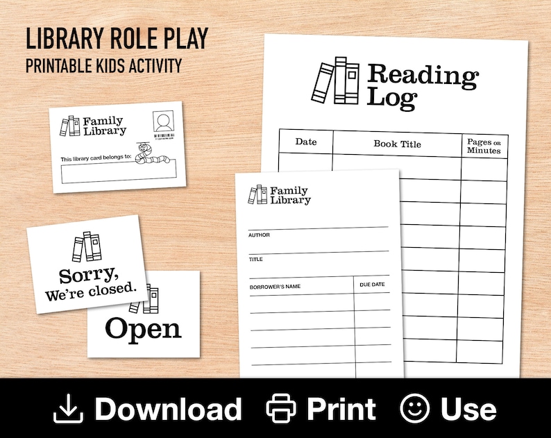 Library Role Play Printable: Kids Reading Log & Library Card (digital ...