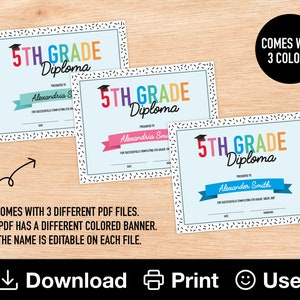 Editable 5th Grade Diploma, Printable Certificate for Class, End of ...